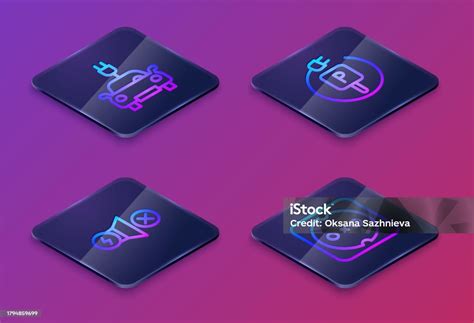 아이소메트릭 라인 설정 전기 자동차 모터 충전 주차 전기 및 전기 콘센트 파란색 사각형 버튼입니다 벡터 3차원 형태에 대한 스톡 벡터 아트 및 기타 이미지 Istock