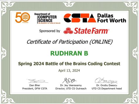 Rudhran B On Linkedin Codingcontest Battleofthebrains Utdallas