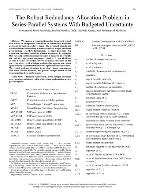 Pdf The Robust Redundancy Allocation Problem In Series Parallel