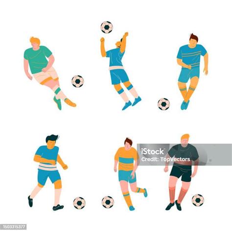 축구 선수들이 공을 가지고 노는 모습 남자 운동선수들은 뛰고 달리고 발로 차는 공 만화 벡터 삽화 Championship에 대한