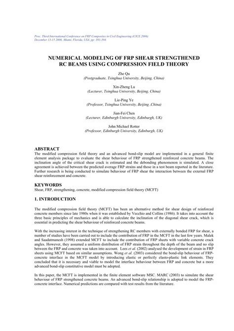 Pdf Numerical Modeling Of Frp Shear · The Modified Compression Field Theory Slip Was