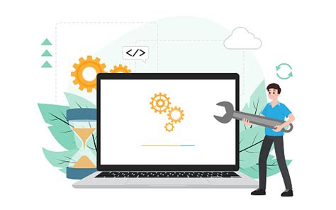 랩톱에서 소프트웨어 업그레이드 프로세스를 갖춘 It 관리자 디지털 시스템 장치 관리 네트워크 업키핑 컴퓨터 시스템 구성 개념 시스템 유지 보수 응용 프로그램 벡터입니다