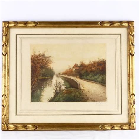 ancienne gravure polychrome signée henry dupont vue d un canal label