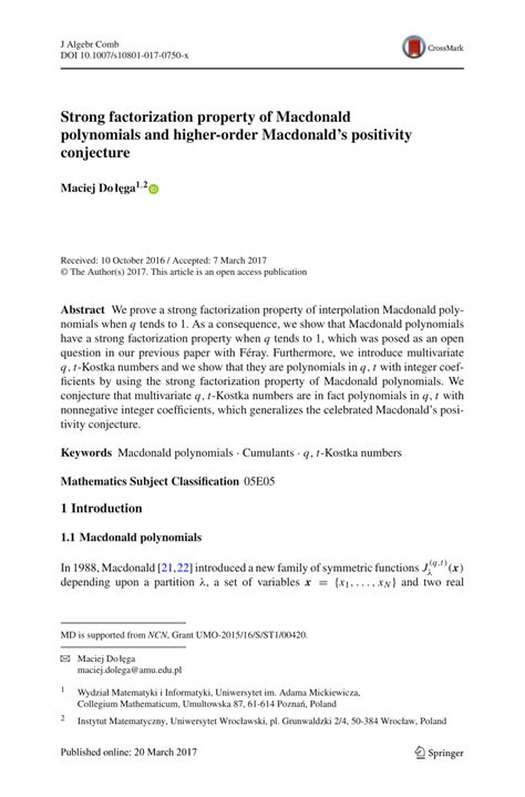 Pdf Strong Factorization Property Of Macdonald Polynomials And Higher Order Macdonalds