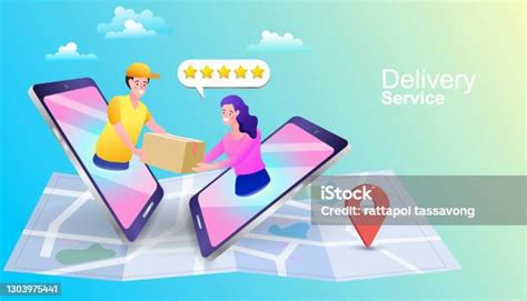 배달 개념 스마트 폰에서 주문과 함께 온라인으로 배달 하는 남자 전화 평면 디자인 스타일을 통해 소셜 네트워크에서 쇼핑 벡터 그림입니다 개념에 대한 스톡 벡터 아트 및 기타