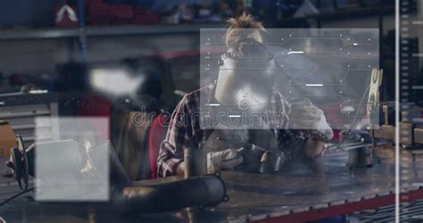 Female Welder Grabbing Torch And Initiating Seam Welding While Hud Overlays Showing Industrial