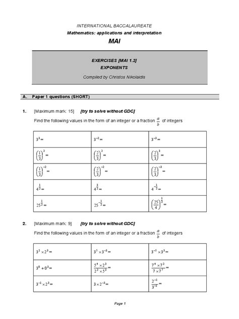 Ib Mai Exponents Practice Questions Pdf Arithmetic Algebra
