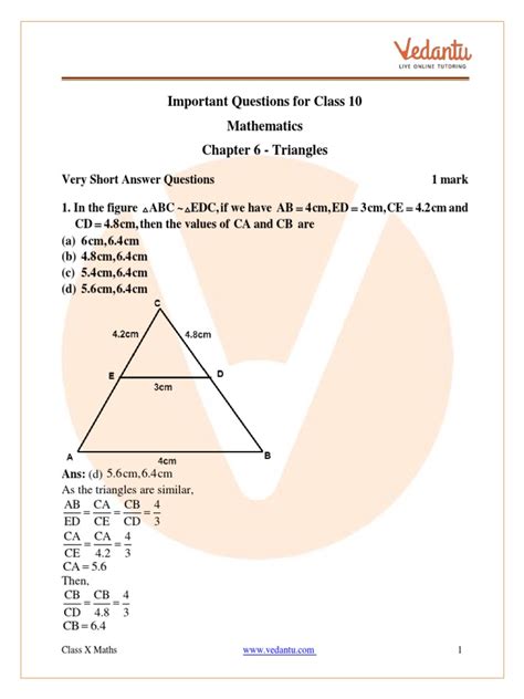 Cbse Class 10 Maths Triangles Important Questions 2023 24 Pdf Triangle Area