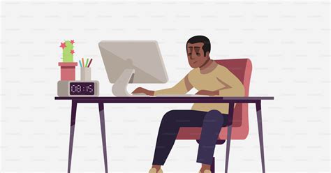 워커홀릭 플랫 벡터 컬러 그림 프리랜서 원격 작업 재택 근무 개념 프로그래머 컴퓨터 디자이너 젊은 검은 피부의 직원 회사원 고립 만화 캐릭터 벡터