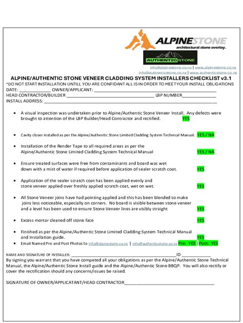 Fillable Online Installer Checklist For Alpine Authentic Stone Veneer