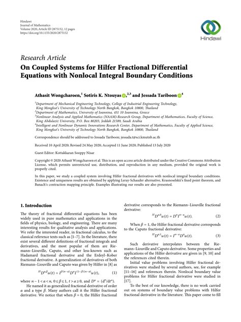 Pdf On Coupled Systems For Hilfer Fractional Differential Equations With Nonlocal Integral