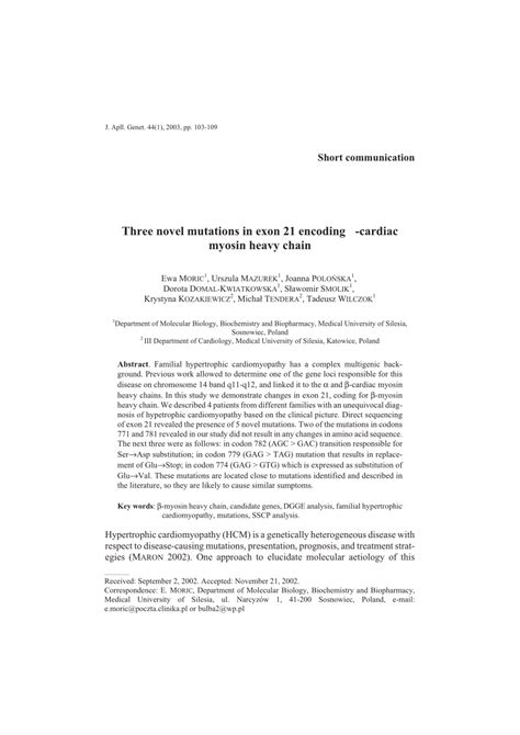 pdf three novel mutations in exon 21 encoding β cardiac myosin heavy