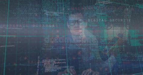 Image Of Cyber Security Data Processing Over Portrait Of Male Hacker Using Laptop Stock Image