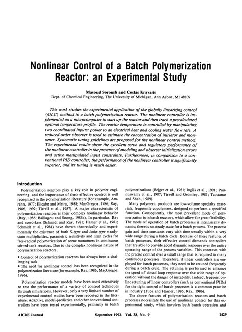 Pdf Nonlinear Control Of A Batch Polymerization Reactor