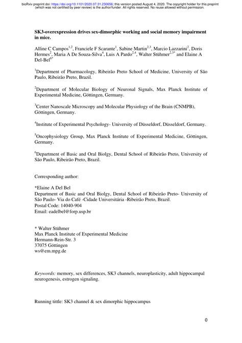 Pdf Sk3 Overexpression Drives Sex Dimorphic Working And Social Memory