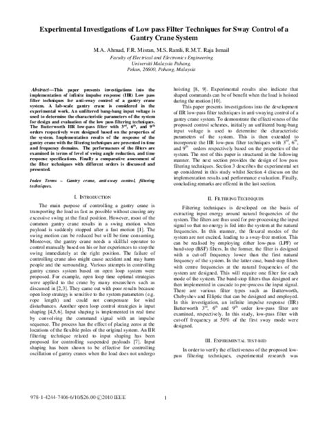 Pdf Experimental Investigations Of Low Pass Filter Techniques For Sway Control Of A Gantry