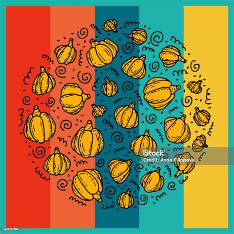 복고풍 스타일의 할로윈 호박 낙서 패턴 티셔츠 스티커 포스터 및 카드에 적합합니다 장식과 디자인을 위한 손으로 그린 벡터 그림 10월에 대한 스톡 벡터 아트 및 기타 이미지