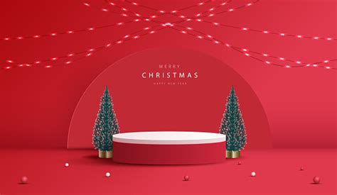 크리스마스 또는 새해를 위한 쇼 화장품 전시를 위한 연단 모양 나무 크리스마스 황금 공 및 빛을 가진 빨간 배경에 서 제품 진열장 벡터 디자인 겨울에 대한 스톡 벡터 아트
