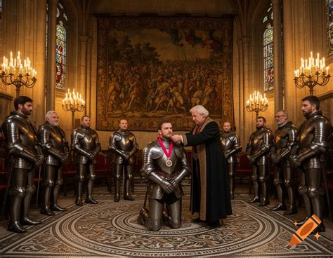 A Photorealistic Image Of A Knight Kneeling To Receive A Medal From An