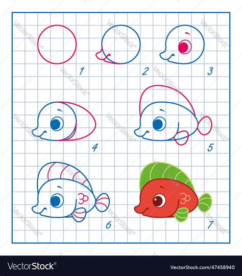 How To Draw Cartoon Fish Step By Lesson Royalty Free Vector