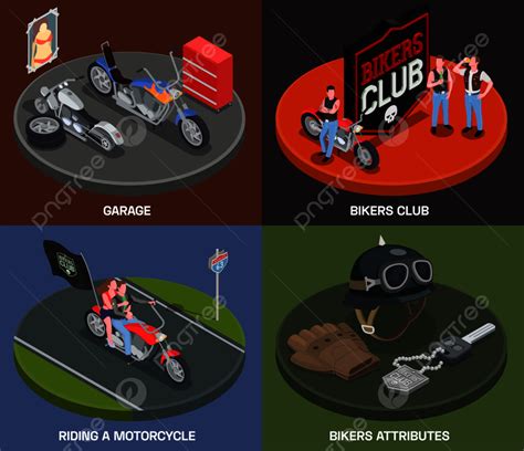 화려한 배경 3d 벡터 일러스트 레이 션에 고립 된 바이커의 특성과 클럽 엠블럼 아이소 메트릭 2x2 디자인 개념 템플릿 Psd 다운로드 디자인 자료 다운로드