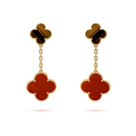 Magic Alhambra Earrings 2 Motifs 18k Yellow Gold Carnelian Tiger Eye