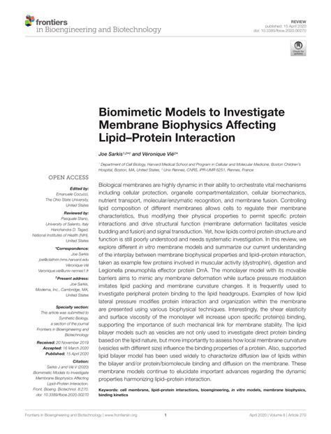 Pdf Biomimetic Models To Investigate Membrane Biophysics Affecting