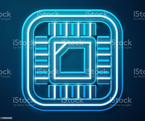 파란색 배경에 격리 된 마이크로 회로 cpu 아이콘이있는 빛나는 네온 라인 컴퓨터 프로세서 회로 기판칩 또는 cpu 마이크로