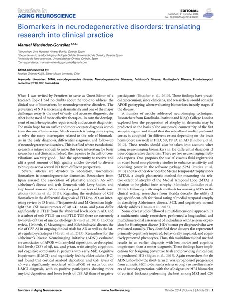 Pdf Biomarkers In Neurodegenerative Disorders Translating Research Into Clinical Practice