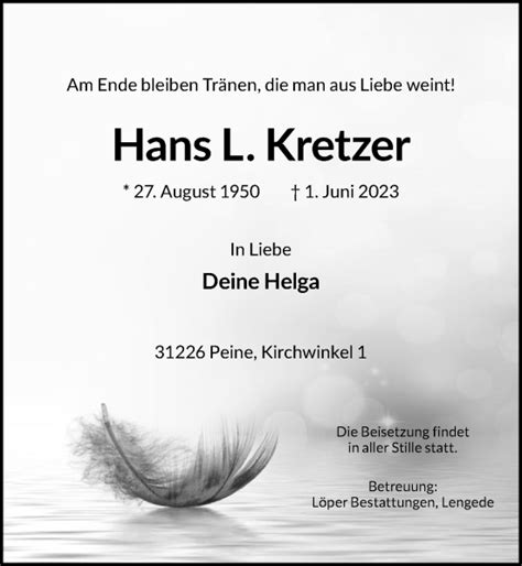 Traueranzeigen Von Hans L Kretzer Trauer Anzeigende