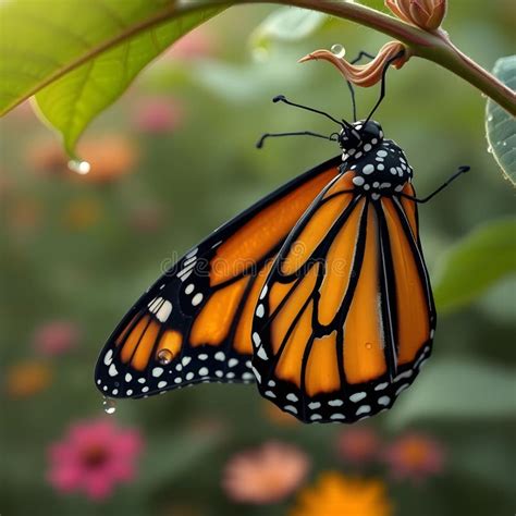 Monarch Butterfly Resting On A Leaf Among Colorful Flowers At Dawn