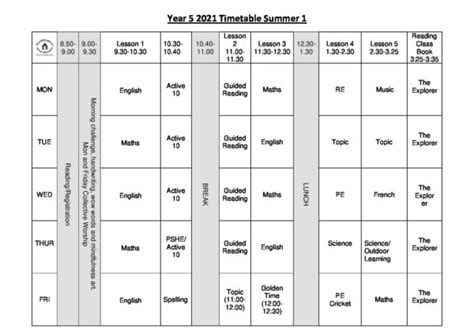 Timetable Year 5 Summer Term Cuddington And Dinton School