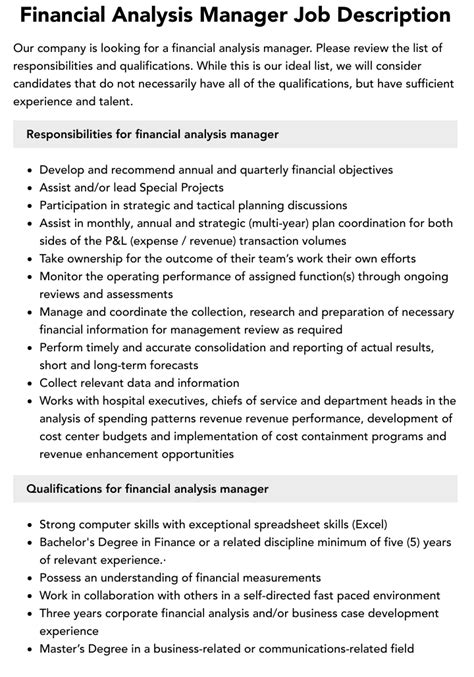 Financial Analysis Manager Job Description Velvet Jobs