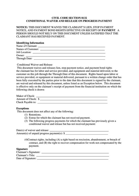 Fillable Conditional Waiver And Release On Progress Payment Form Printable Pdf Download