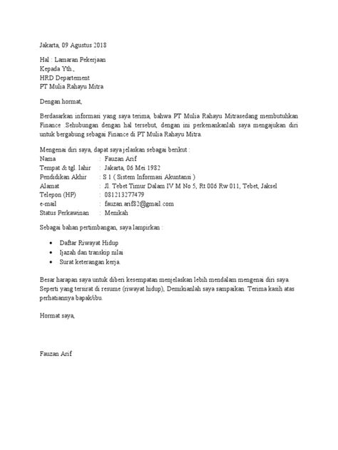 Surat Lamaran Fauza Arif Pt Mulia Rahayu Mitra Pdf