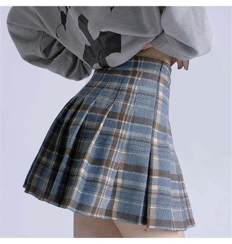 모직 체크 프레피룩 무늬 주름 치마 블루 스커트 여성 겨울 스웨터 작은 하이 웨이스트 A 라인 티몬