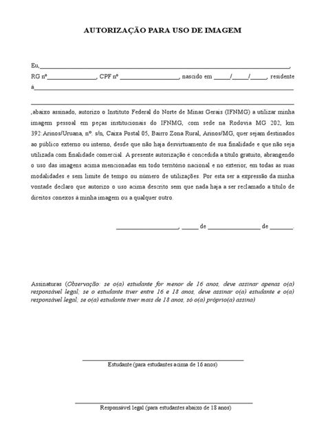Termo De Autorização Para Uso Da Imagem Pdf