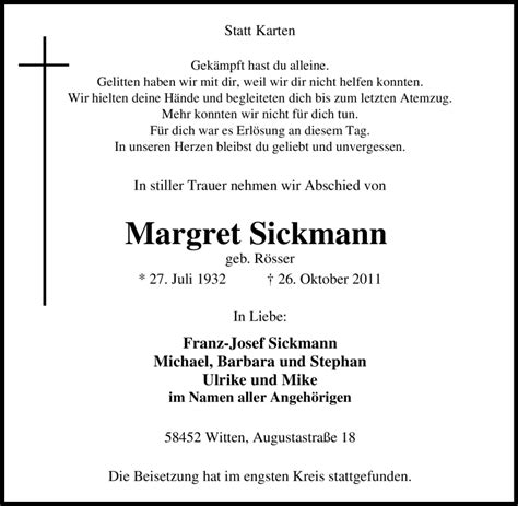 Traueranzeigen Von Margret Sickmann Trauer In Nrw De