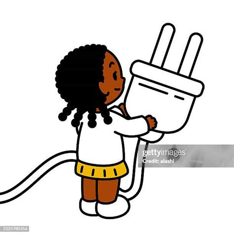 A Cute Girl Holding A Big Electric Plug Threequarter Rear View Black Outline With Flat Colors