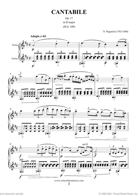 Cantabile Op 17 In D Major Sheet Music For Violin And Guitar