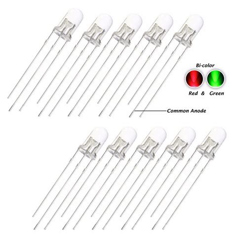 10 X 5mm LED Bi Colour Red Green Clear Common Anode All Top Notch