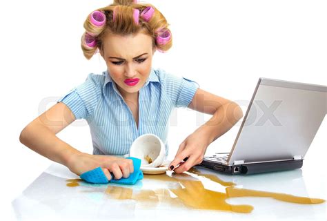 Funny Business Woman Cleaning Desktop Dirty Workspace Stock Image Colourbox