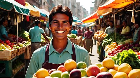 Premium Photo A Cheerful Street Vendor In A Busy Openair Market