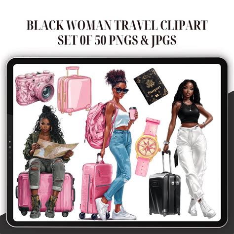 Black Woman Travel Clipart Set Of 50 Black Girl On Vacation Traveler Girl Clipart Black