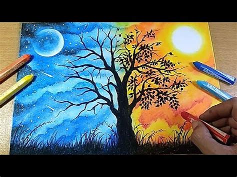 Mudah Cara Menggambar Pemandangan Malam Dan Siang Dengan Crayon Youtube