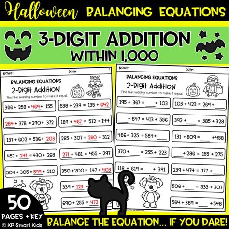 Halloween 3 Digit Addition Balancing Equations Missing Numbers Practice
