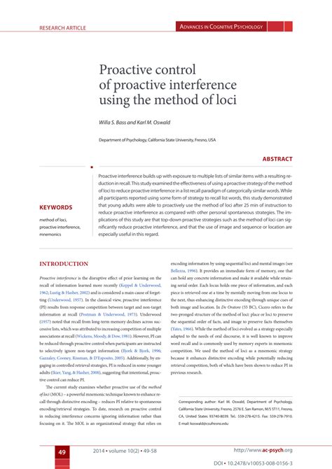 Pdf Proactive Control Of Proactive Interference Using The Method Of Loci