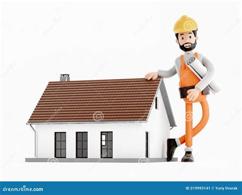 Constructor Caricatura Personaje Divertido Trabajador O Ingeniero Con Casa Aislado Ilustración