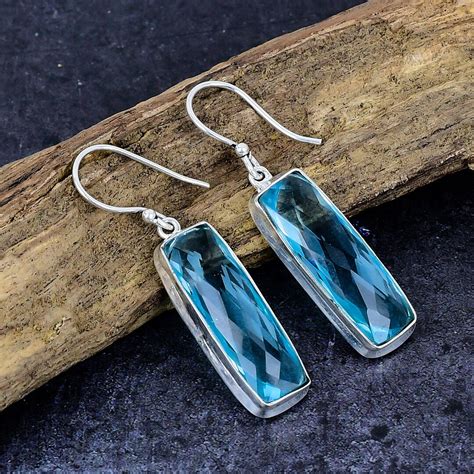 Blue Quartz Silver Earrings Handmade Rectangular Gemstone Boho