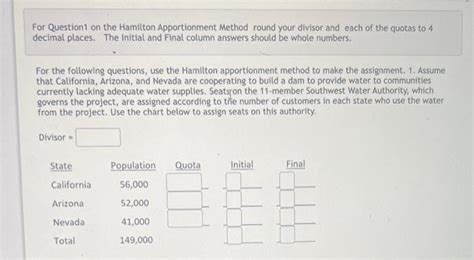 Solved For Question1 On The Hamilton Apportionment Method